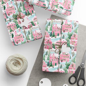 Pink Christmas Gift Wrap, Winter Scene Wrapping Paper, Pink Holiday ...