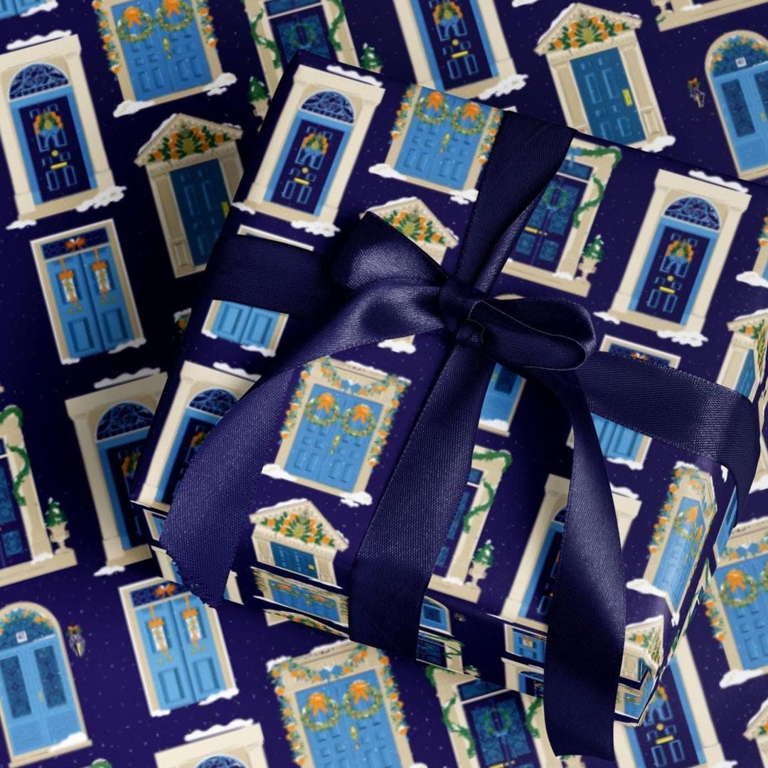 Festive Christmas Doors Gift Wrap, Elegant Blue Holiday Wrapping Paper ...