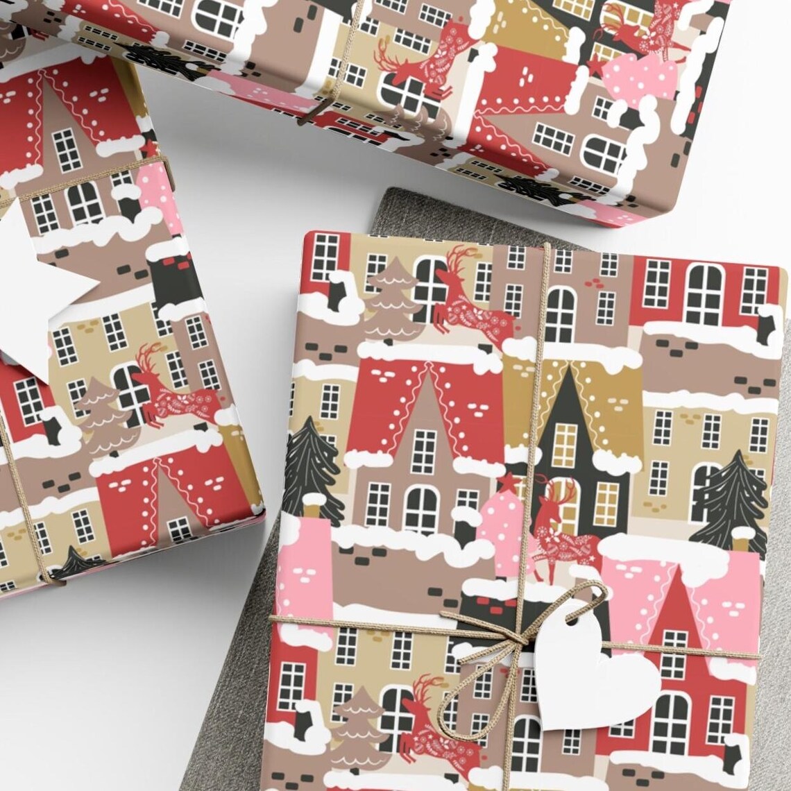 Christmas Wrapping Paper, Holiday Gift Wrap, Christmas Village Scene ...