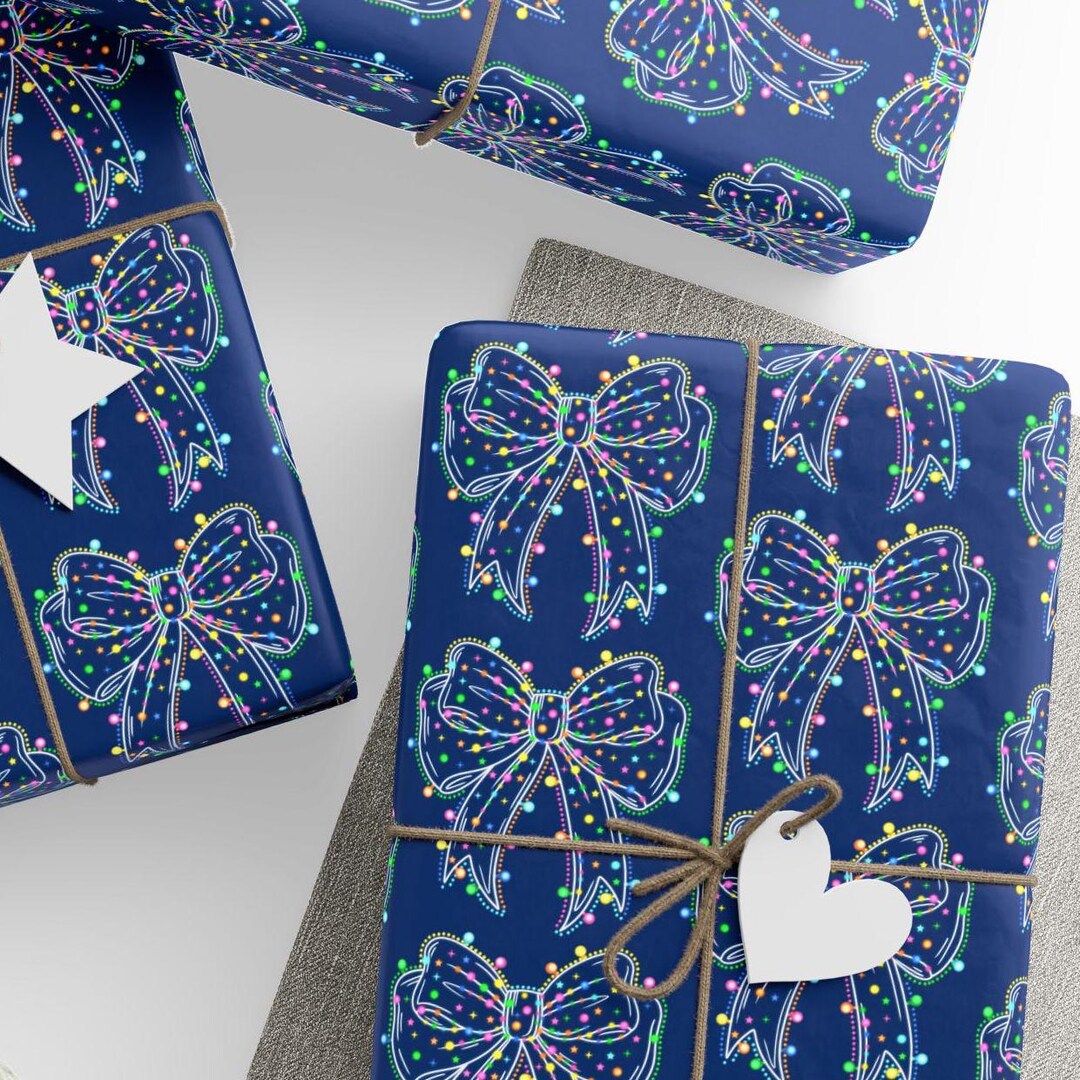 Christmas Bows Wrapping Paper, Blue Christmas Gift Wrap, Christmas ...