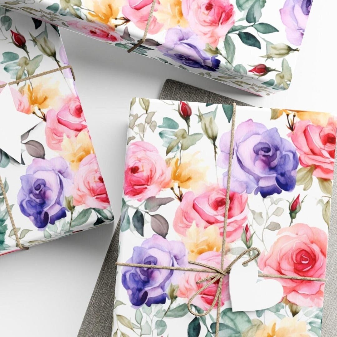 Roses Wrapping Paper, Botanical Watercolor Floral Gift Wrap, Premium ...