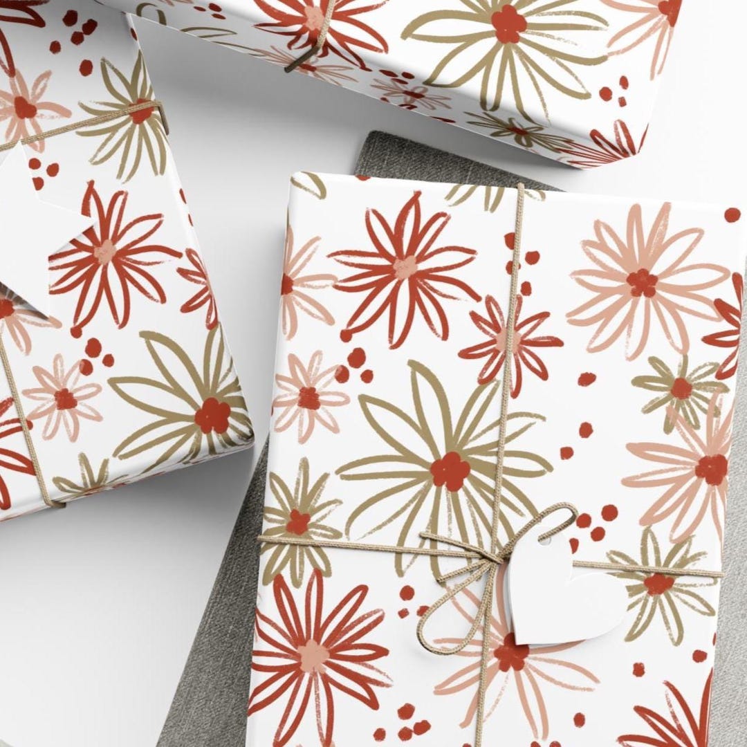 Boho Christmas Gift Wrap, Retro Flowers Wrapping Paper, Premium Paper ...