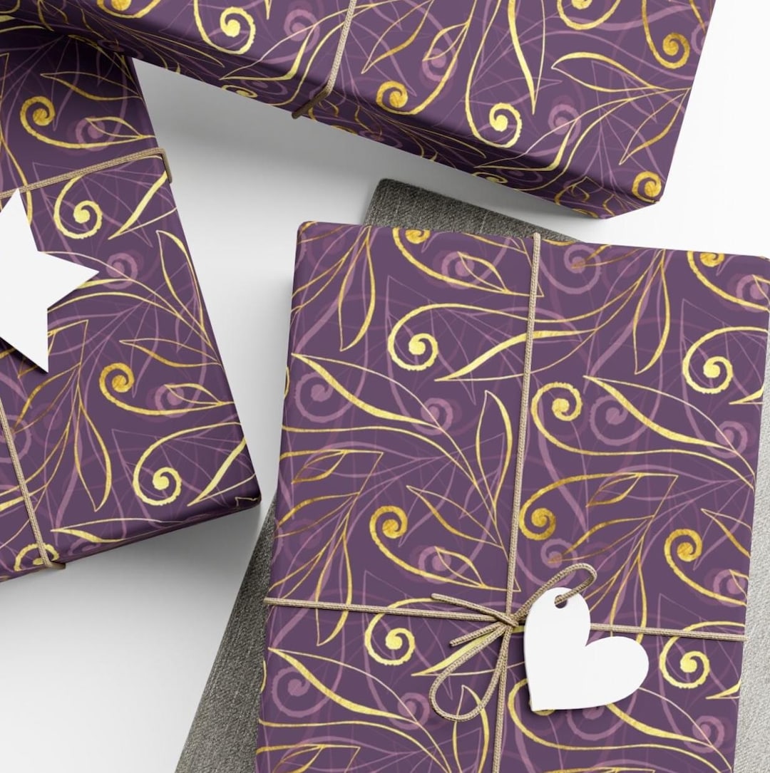 Plum Purple With Gold Swirls Gift Wrap, Designer Wrapping Paper ...