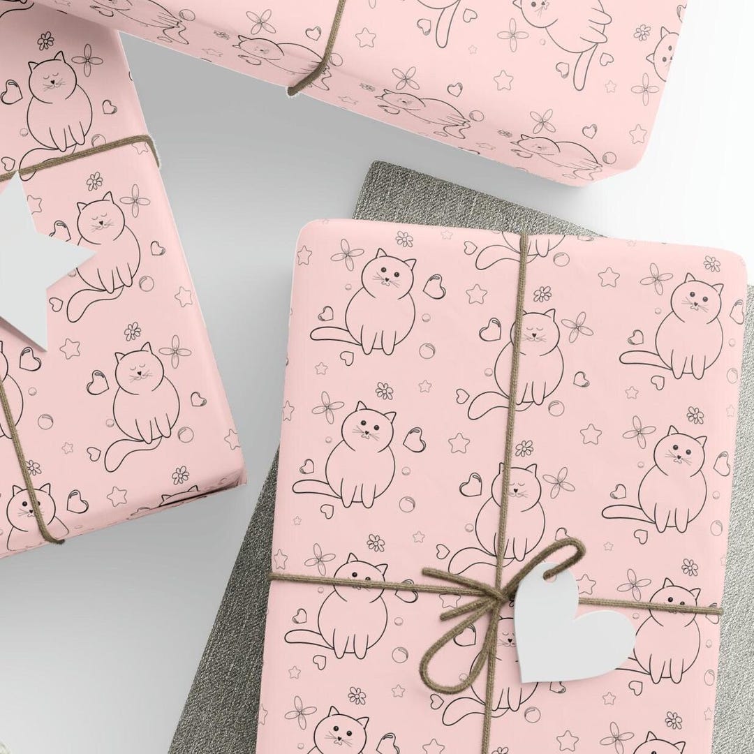 Cat Wrapping Paper, Cats and Hearts on Pink Wrapping Paper, Cat Lover ...