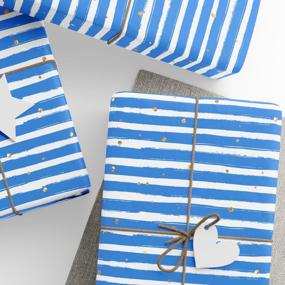 Blue Stripes With Gold Gift Wrap, Birthday Gift Wrap, Blue & White With ...