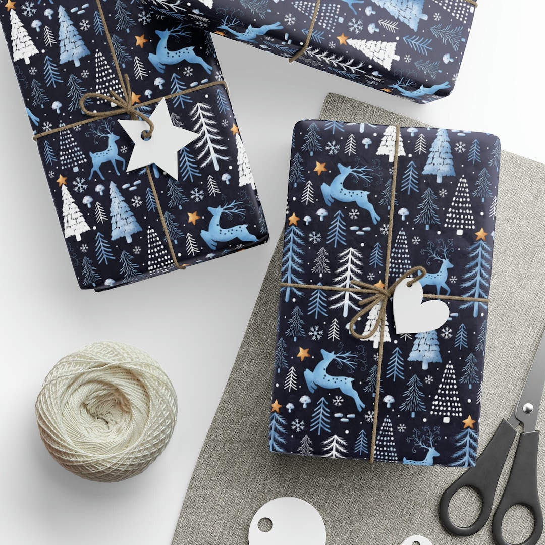 Scandinavian Christmas Gift Wrap, Blue Christmas Wrapping Paper ...
