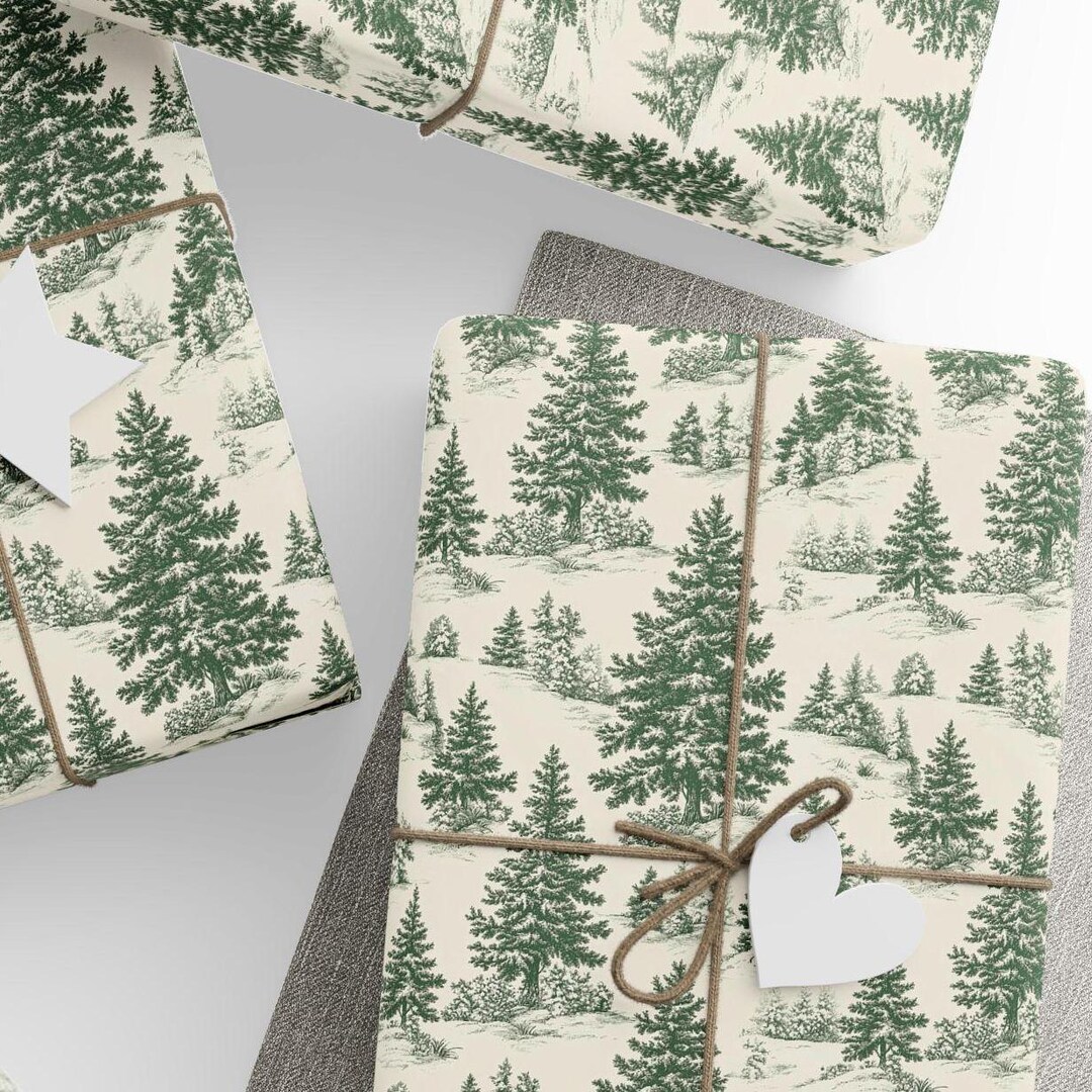 Christmas Scene Wrapping Paper, Classic Toile Design, Green Pine Trees ...