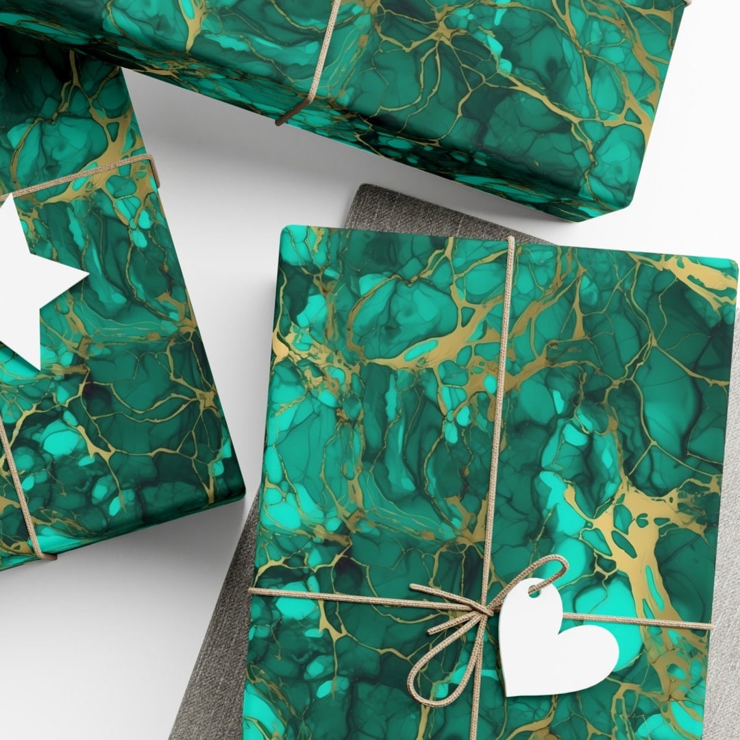 Emerald Green Wrapping Paper, Alcohol Ink Art, Gift Wrap, Green & Gold ...