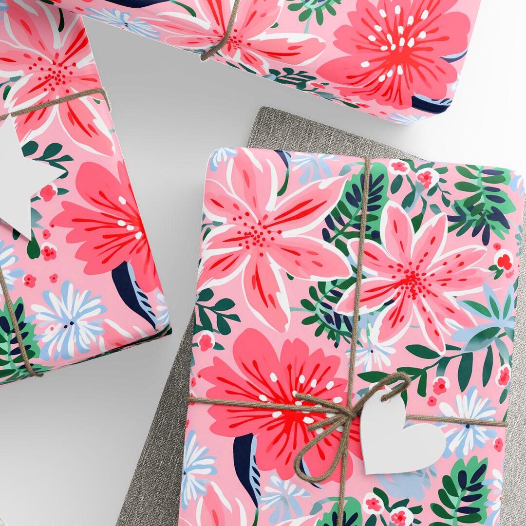 Pink Christmas Flowers Gift Wrap, Christmas Gift Wrap, Pink Florals ...