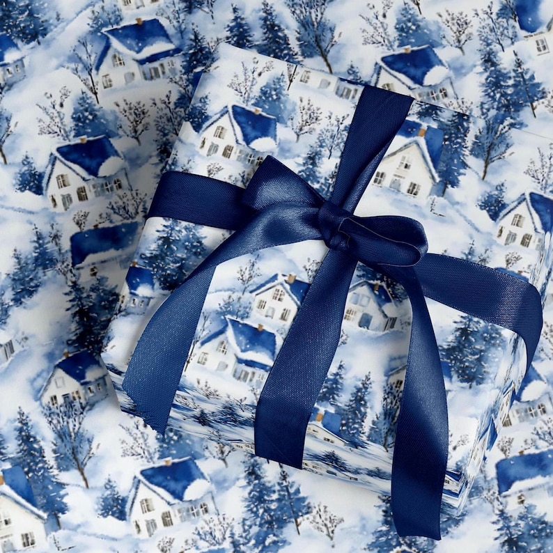 Winter Scene Gift Wrap, Blue Christmas Wrapping Paper, Vintage Holiday ...