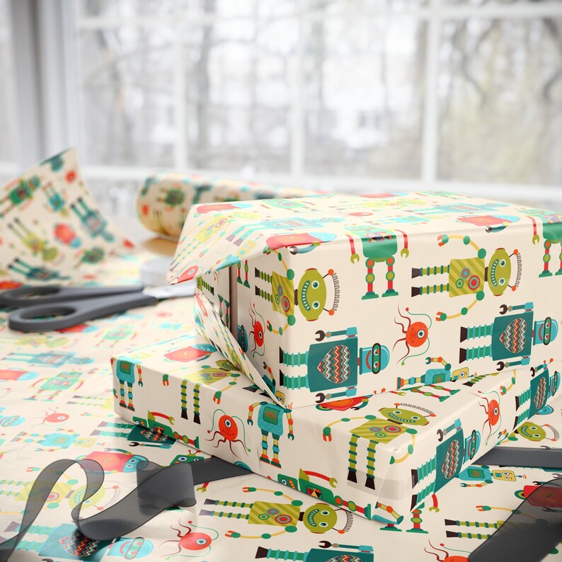 Robots Wrapping Paper, Cute Children's Gift Wrap, Retro Aesthetic ...