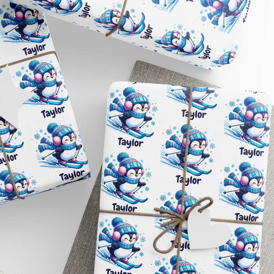 Personalized Christmas Gift Wrap, Penguin Skiing Design, Holiday ...
