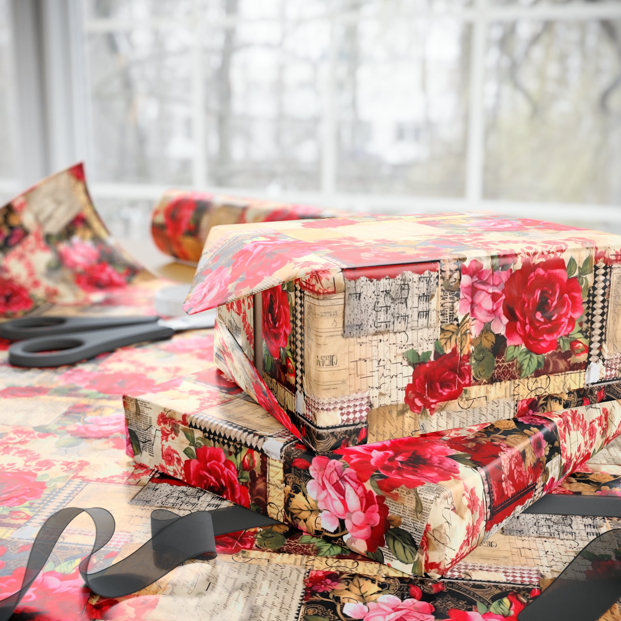 Vintage Roses Gift Wrap, Antique Collage Design, Paris Collection ...