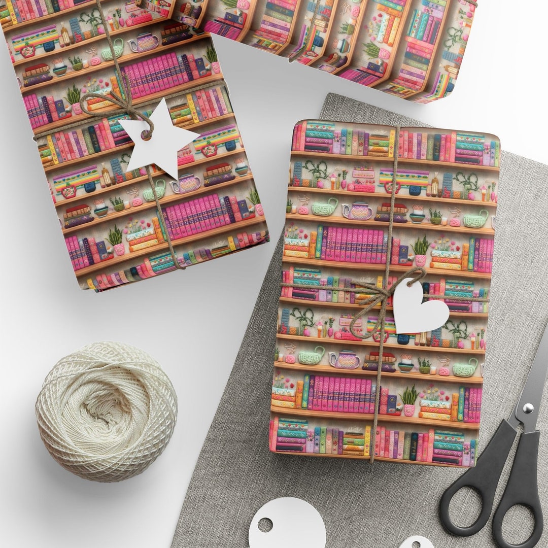 Books & Tea Gift Wrap, Embroidery Style Design, Cottage Chic Aesthetic ...