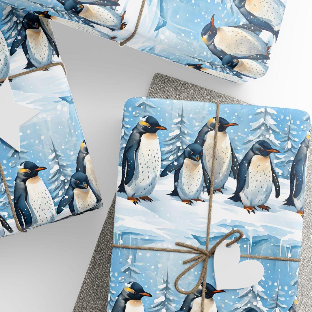 Penguins Wrapping Paper, Christmas Gift Wrap, Winter Holiday Gift Wrap ...