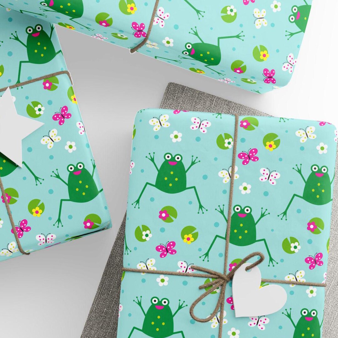 Cute Frogs Gift Wrap, Colorful Frogs & Butterflies Design, Birthday ...