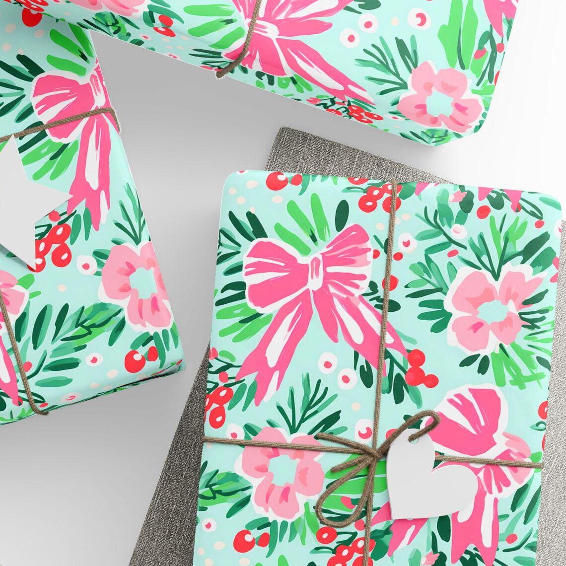 Pink Christmas Bows Gift Wrap, Preppy Holiday Wrapping Paper, Festive ...