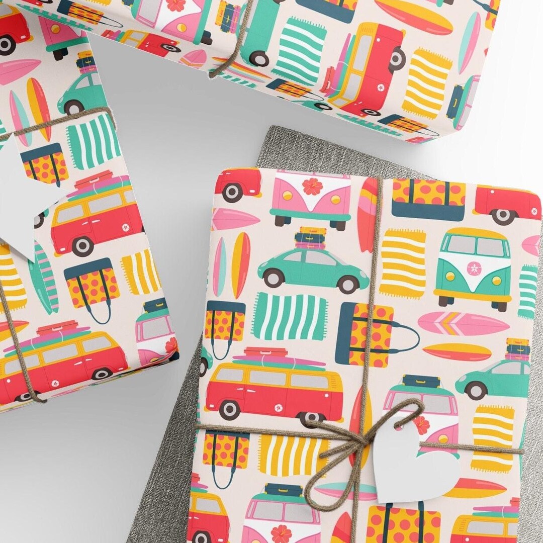 Retro Beach Gift Wrap, Summer Wrapping Paper, Surfer Gift Wrap, Beach ...