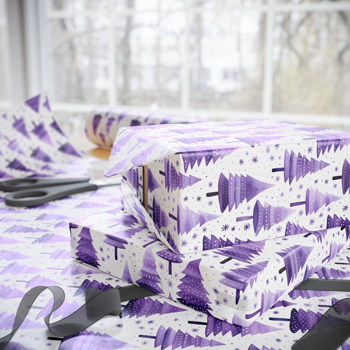 Purple Christmas Gift Wrap, Holiday Wrapping Paper, Whimsical Purple ...