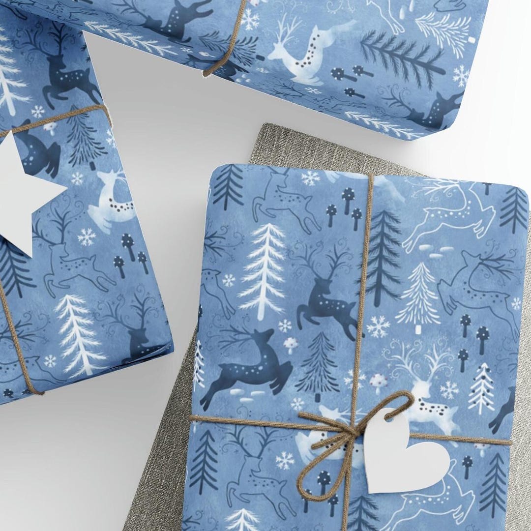 Blue Christmas Wrapping Paper, Blue Gift Wrap With Reindeer, Christmas ...