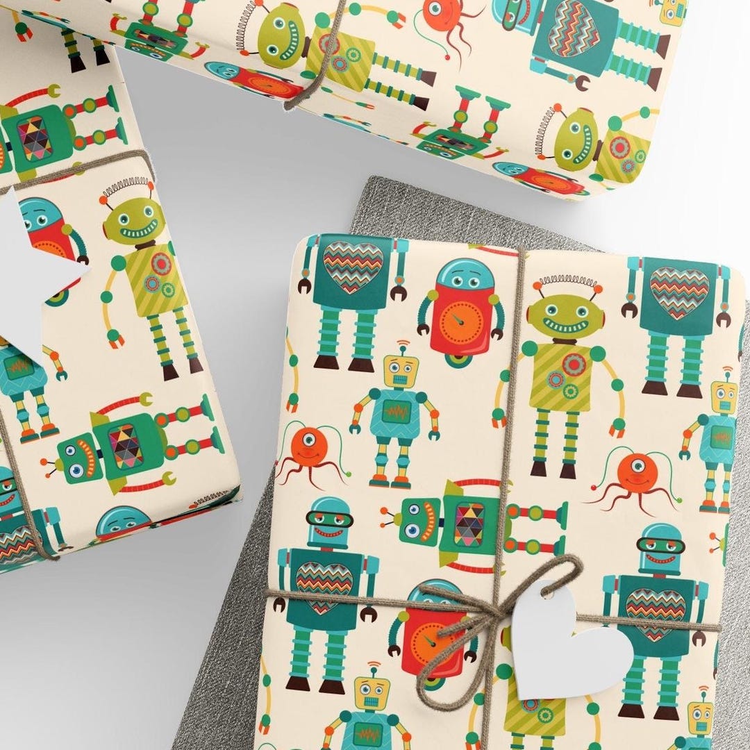 Robots Wrapping Paper, Cute Children's Gift Wrap, Retro Aesthetic ...