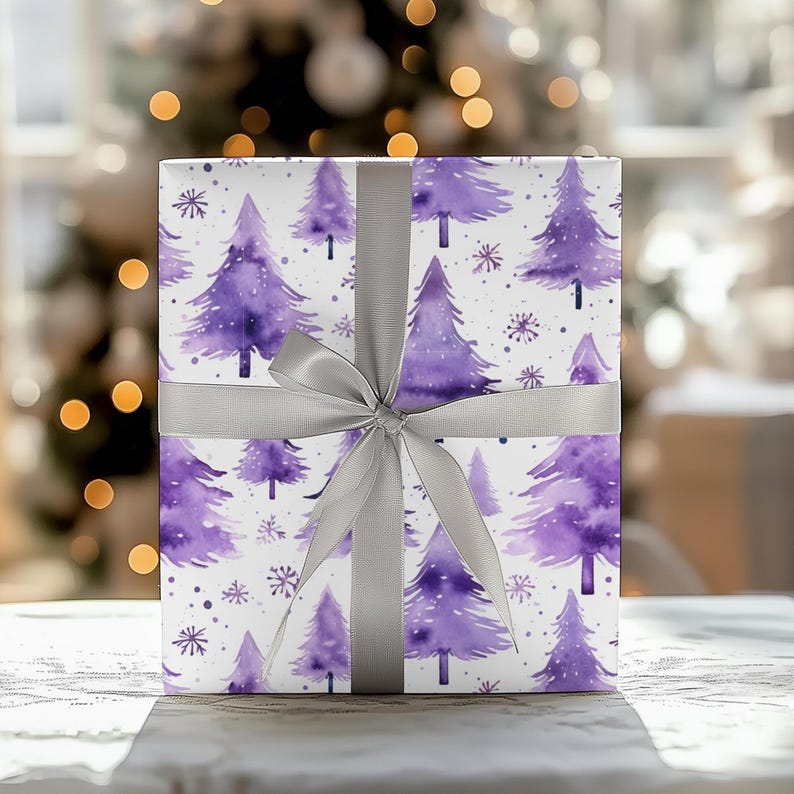 Purple Christmas Wrapping Paper, Purple Watercolor Christmas Trees ...