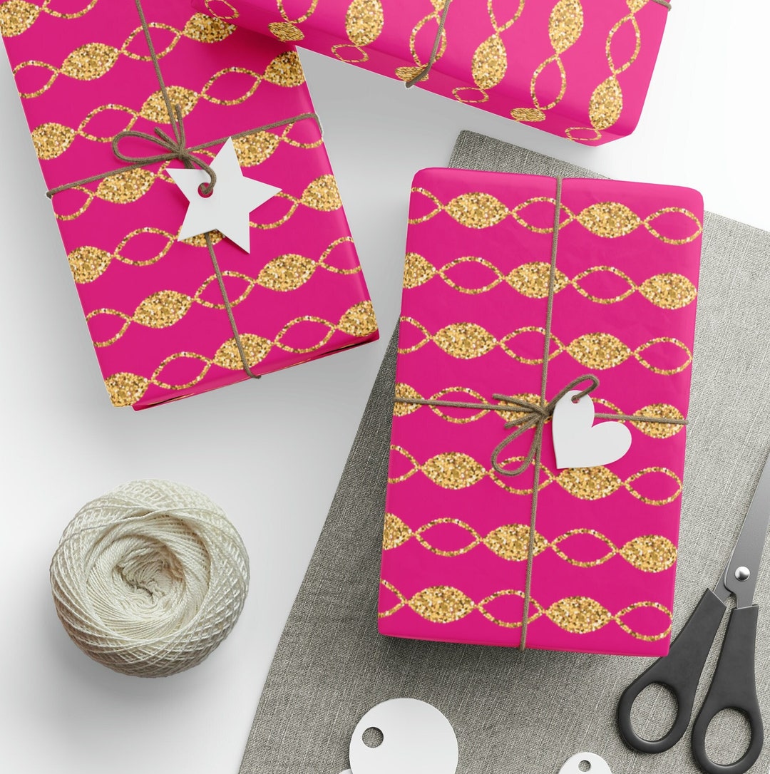 Pink & Gold Christmas Gift Wrap, Hot Pink and Gold Glitter Design, 7 ...