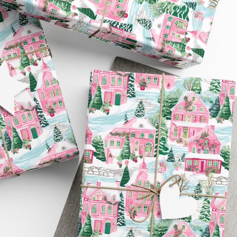 Pink Christmas Gift Wrap, Winter Scene Wrapping Paper, Pink Holiday ...