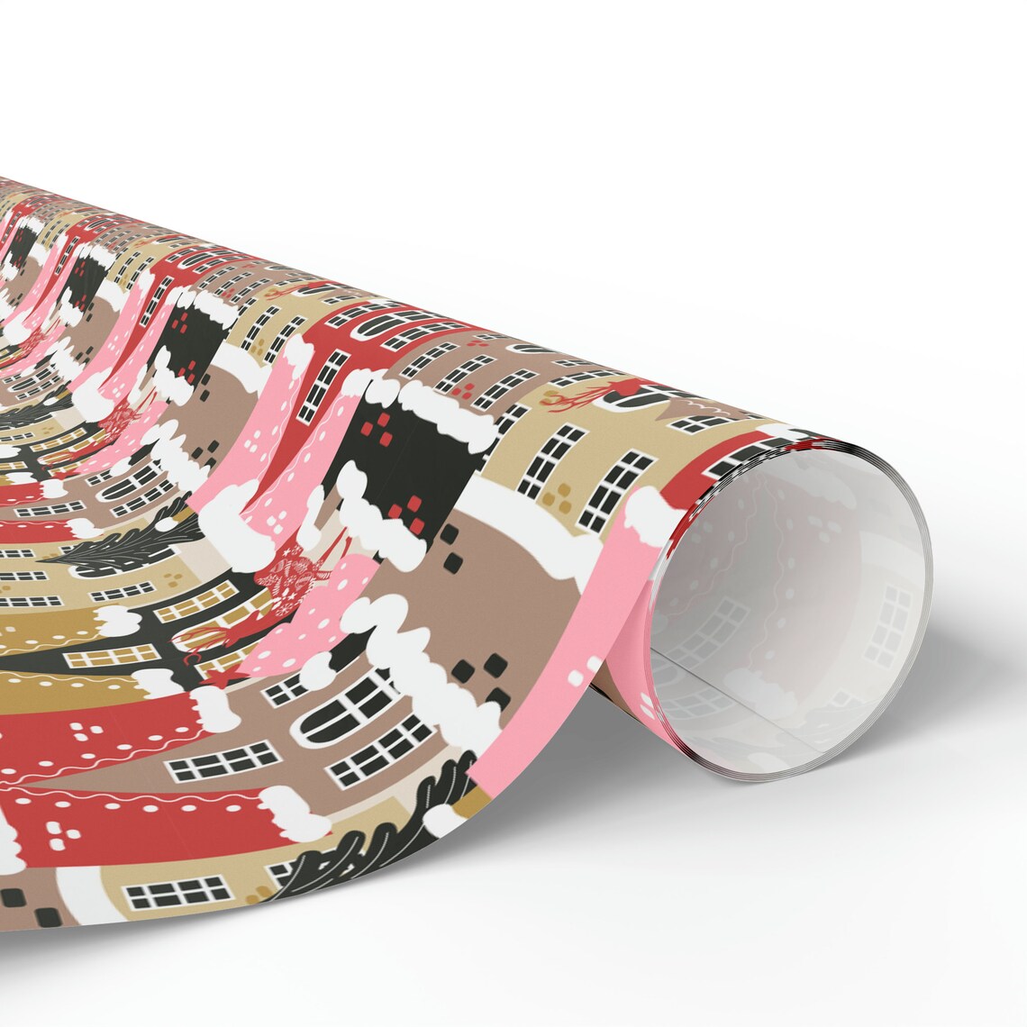 Christmas Wrapping Paper, Holiday Gift Wrap, Christmas Village Scene ...