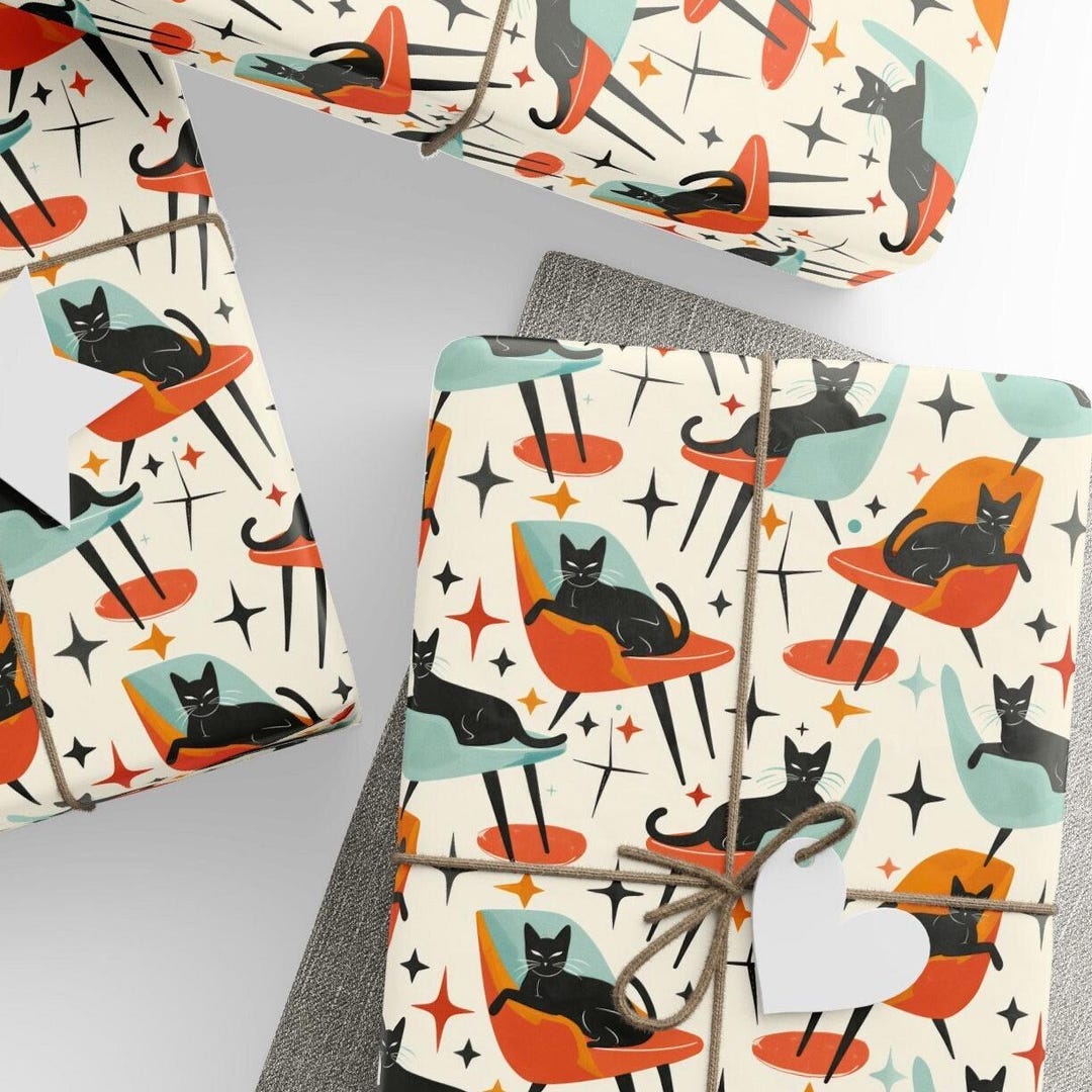 Retro Cats Gift Wrap, Cat Lover Wrapping Paper, Retro Aesthetic, Black ...