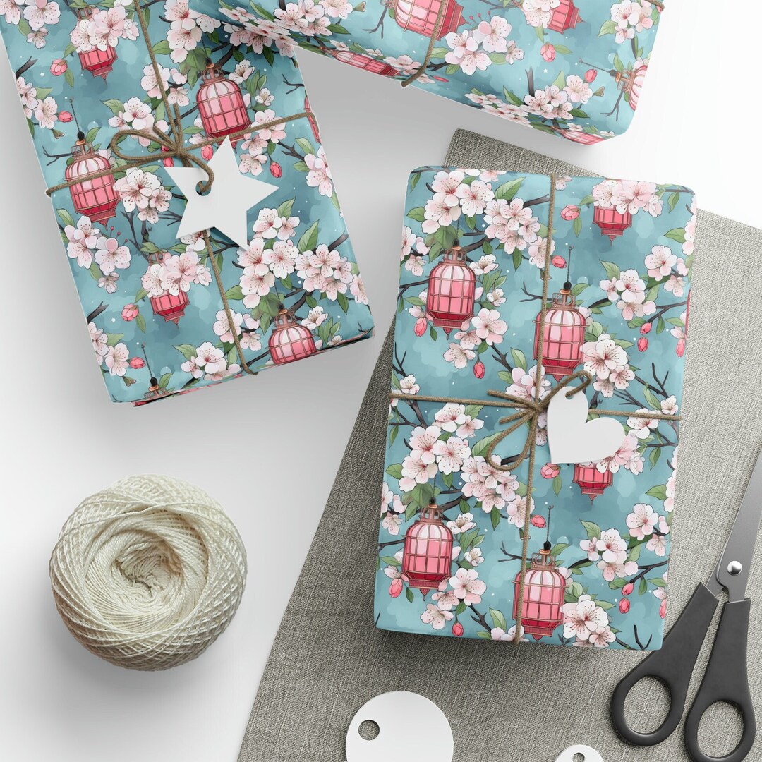 Floral Wrapping Paper, Chinese Lanterns & Cherry Blossoms Design ...