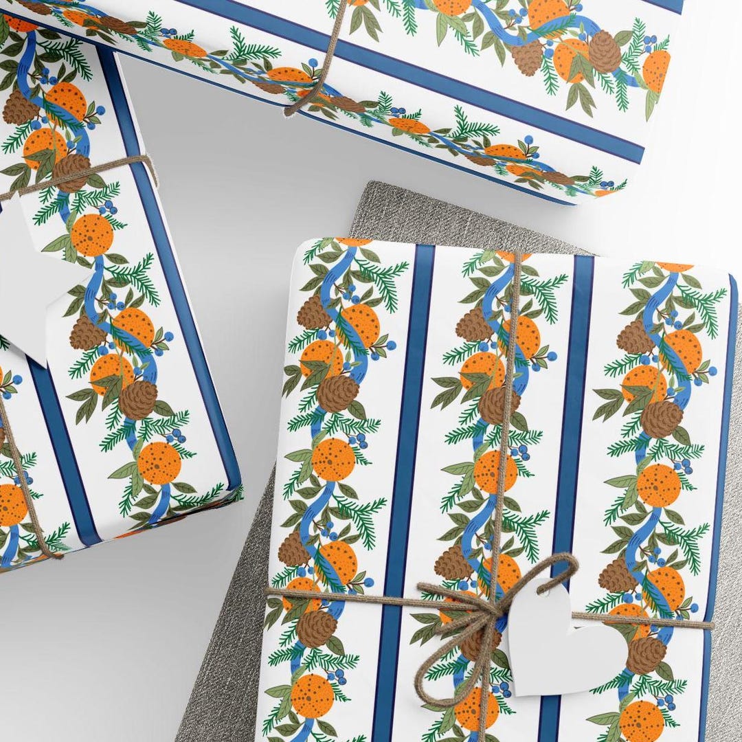 Vintage Holiday Wrapping Paper, Christmas Garland Gift Wrap, Spiced ...