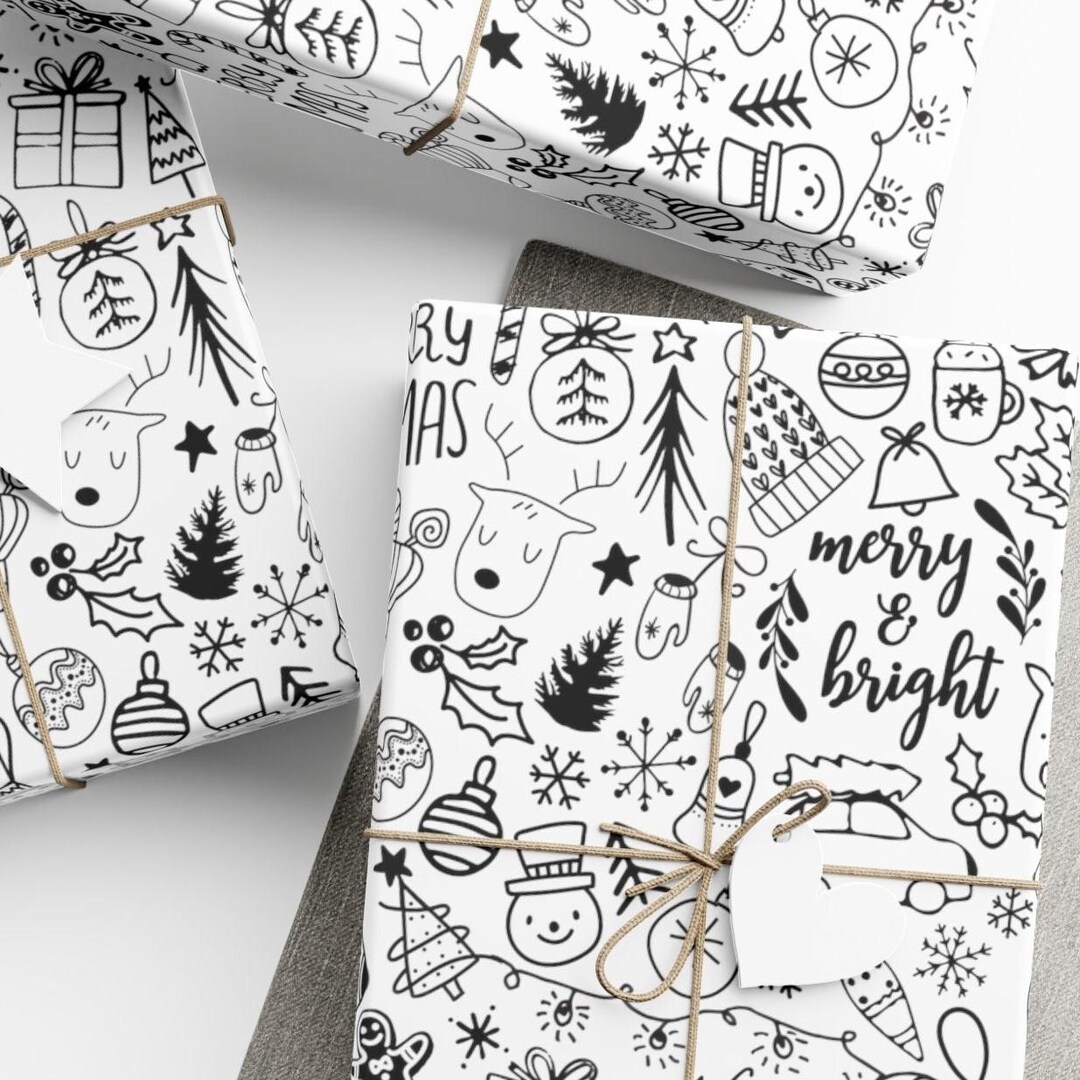 Christmas Wrapping Paper, Black & White Christmas Illustrations Gift ...