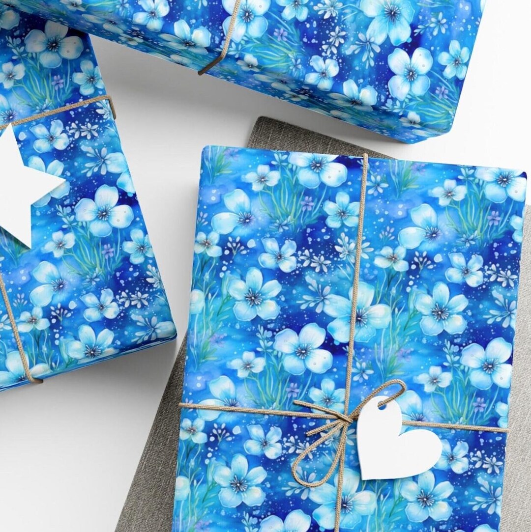 Blue Flowers Wrapping Paper, Cottage Core Aesthetic, Floral Birthday ...