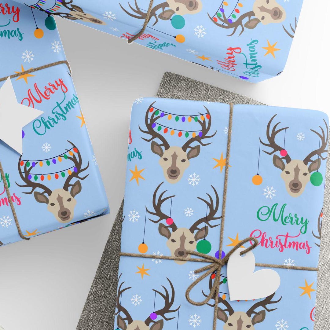 Christmas Reindeer Gift Wrap, Blue Holiday Gift Wrap, Reindeer Antlers ...