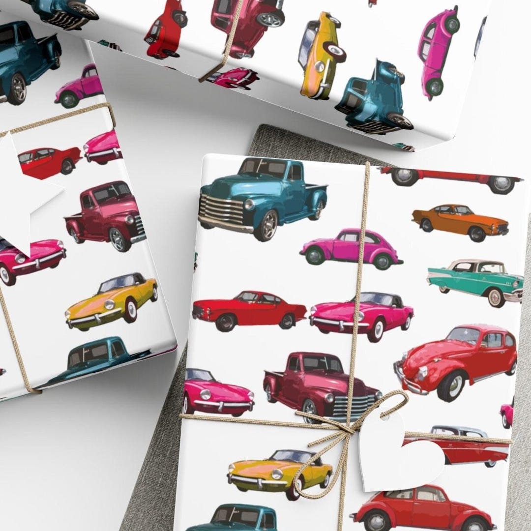 Wrapping Paper With Antique Cars, Retro Cars Gift Wrap, Car Lover Wrap ...