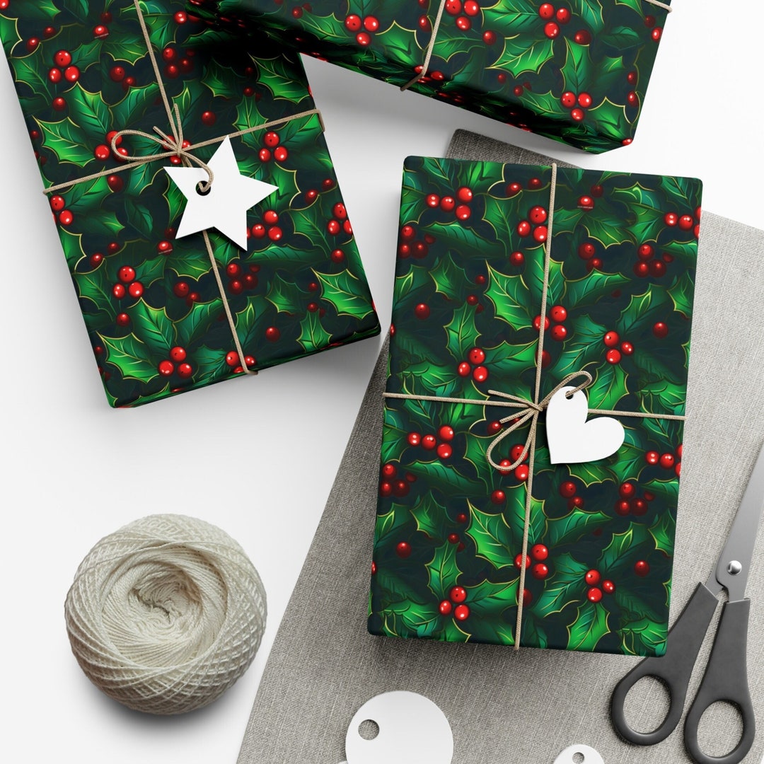 Christmas Holly Gift Wrap Holly Berries Design Christmas - Etsy