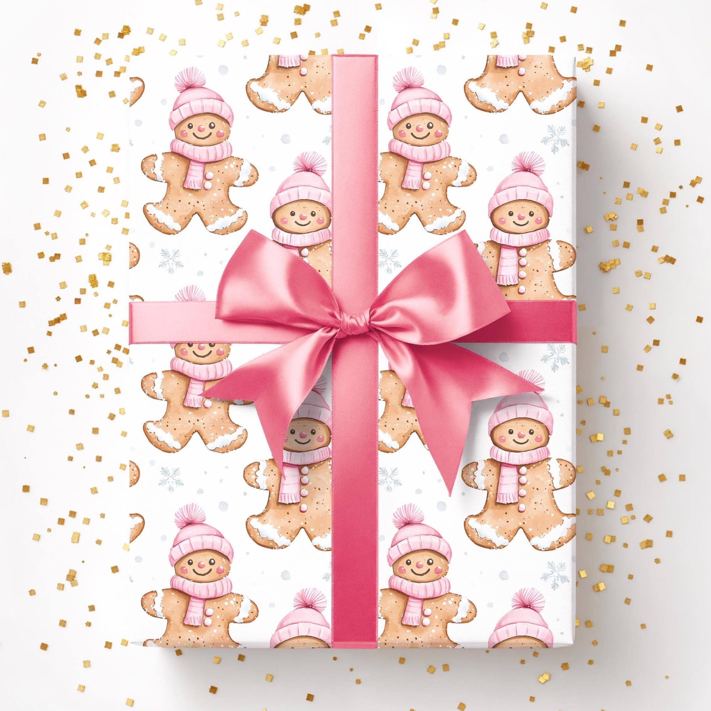 Pink Gingerbread Man Gift Wrap, Pink Christmas Wrapping Paper, Holiday ...