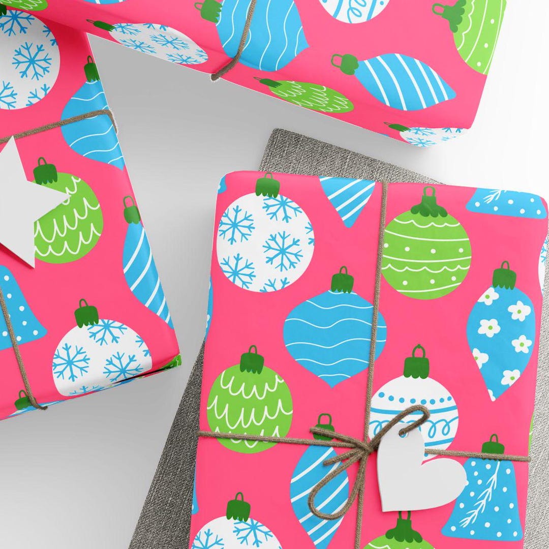 Pink Christmas Wrapping Paper, Colorful Ornaments on Pink, Holiday Gift ...