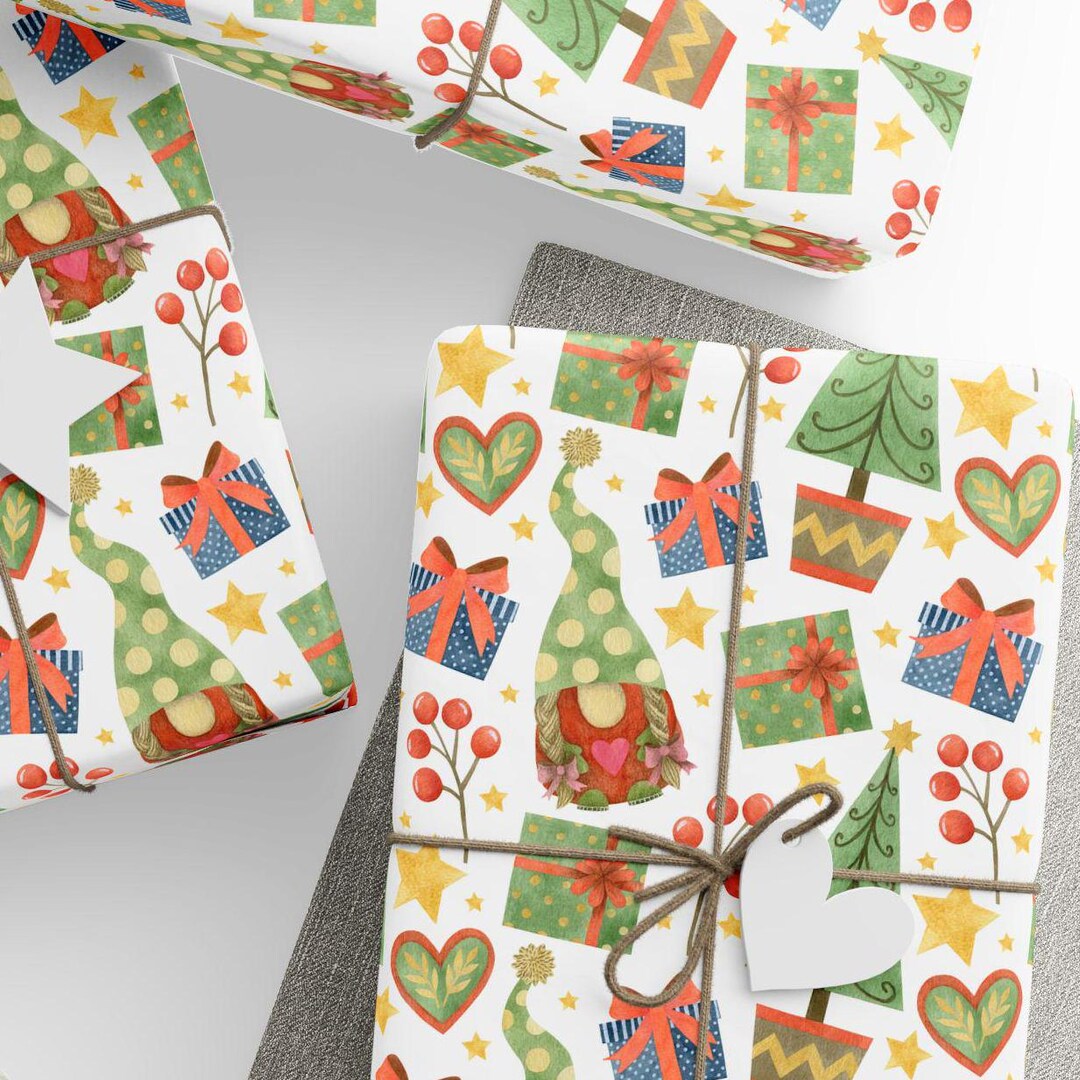 Gnome Christmas Gift Wrap, Holiday Wrapping Paper, Cottage Core ...