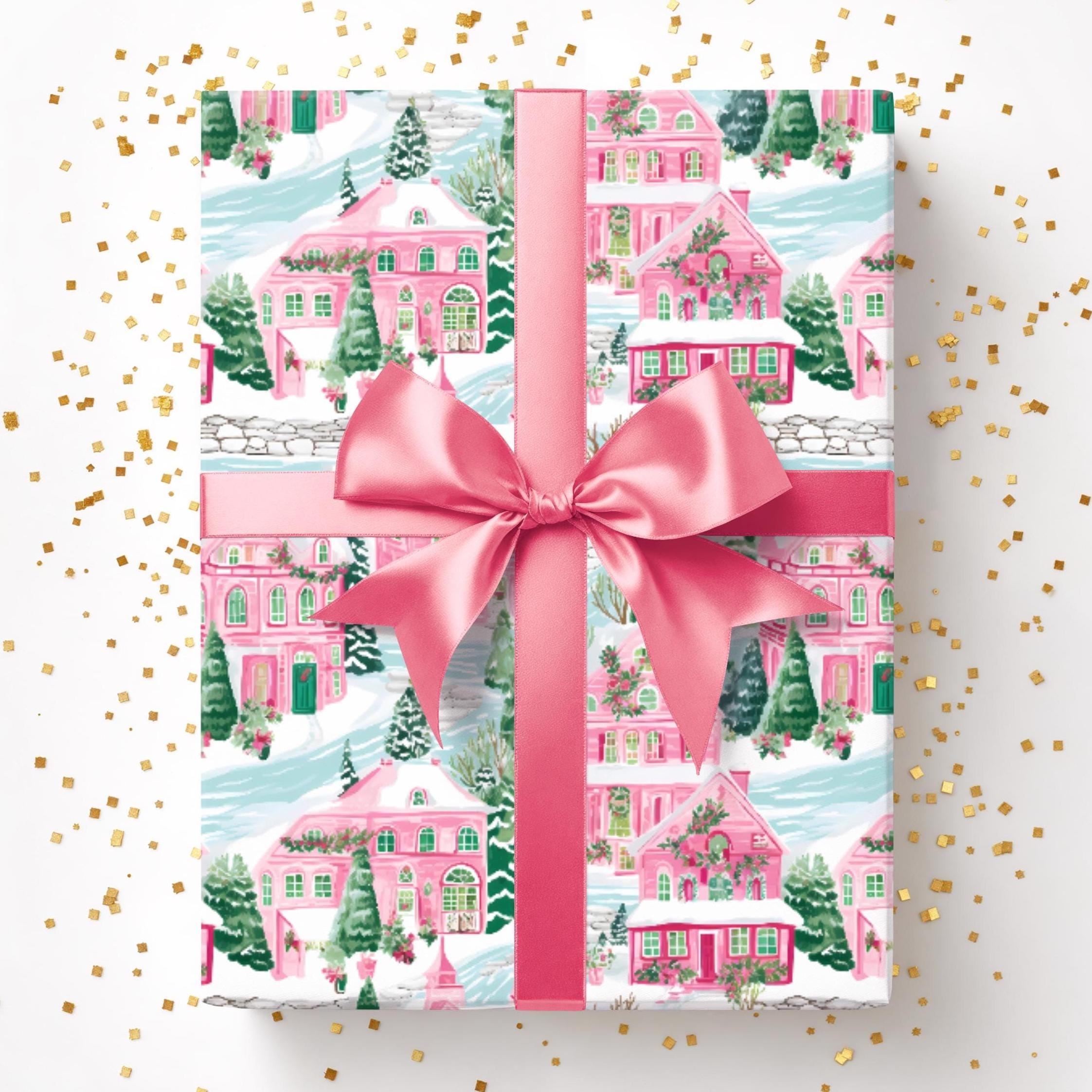 Pink Christmas Gift Wrap, Winter Scene Wrapping Paper, Pink Holiday ...