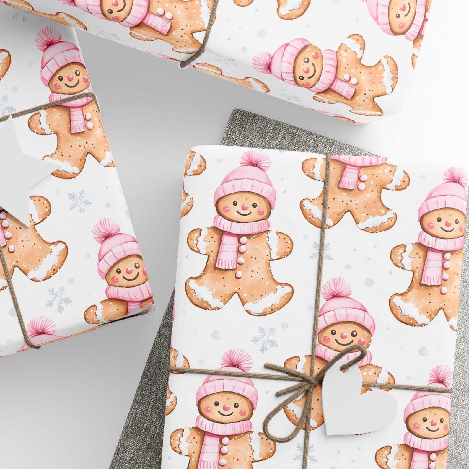 Pink Gingerbread Man Gift Wrap, Pink Christmas Wrapping Paper, Holiday ...
