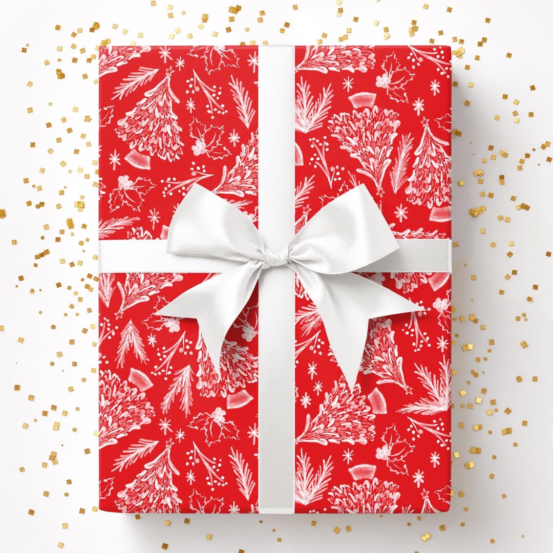 Christmas Trees Gift Wrap, Festive Red Holiday Wrapping Paper, Premium ...