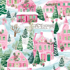 Pink Christmas Gift Wrap, Winter Scene Wrapping Paper, Pink Holiday ...