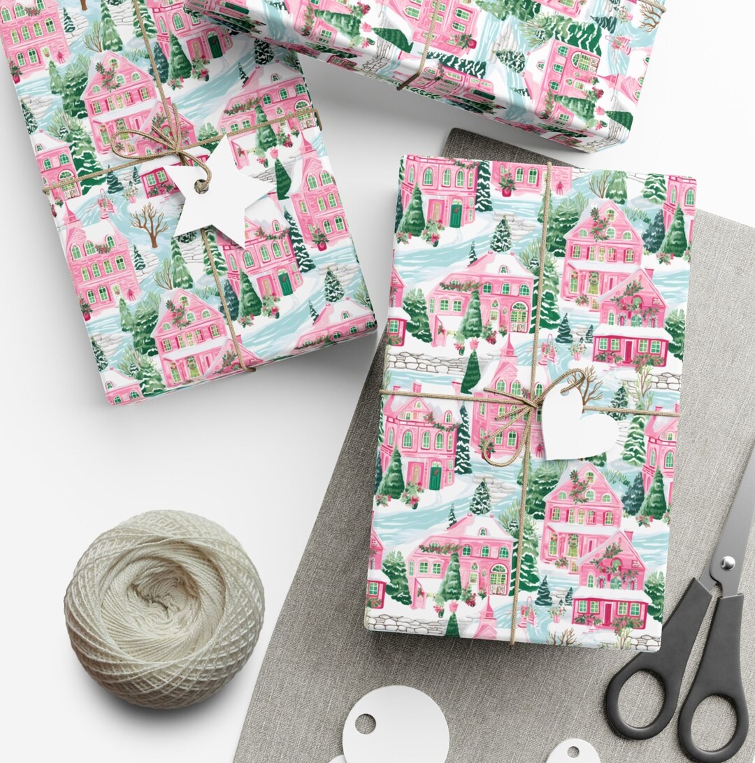 Pink Christmas Gift Wrap, Winter Scene Wrapping Paper, Wrapping Paper ...
