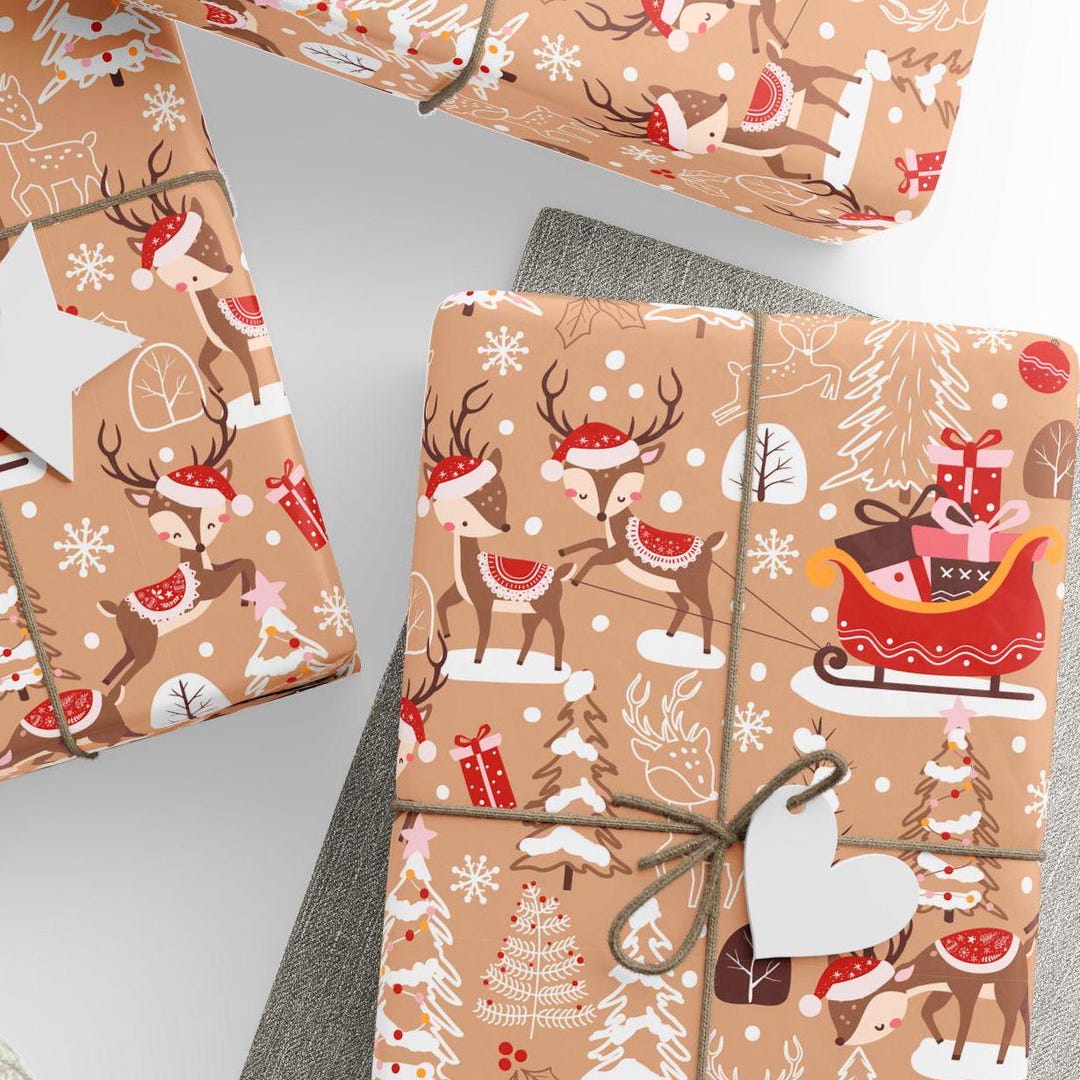 Christmas Reindeer Gift Wrap, Holiday Wrapping Paper, Reindeer Pulling ...