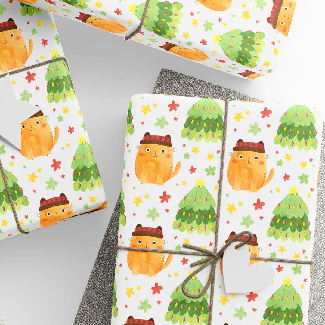 Christmas Cats Gift Wrap, Christmas Wrapping Paper, Boho Holiday Gift ...