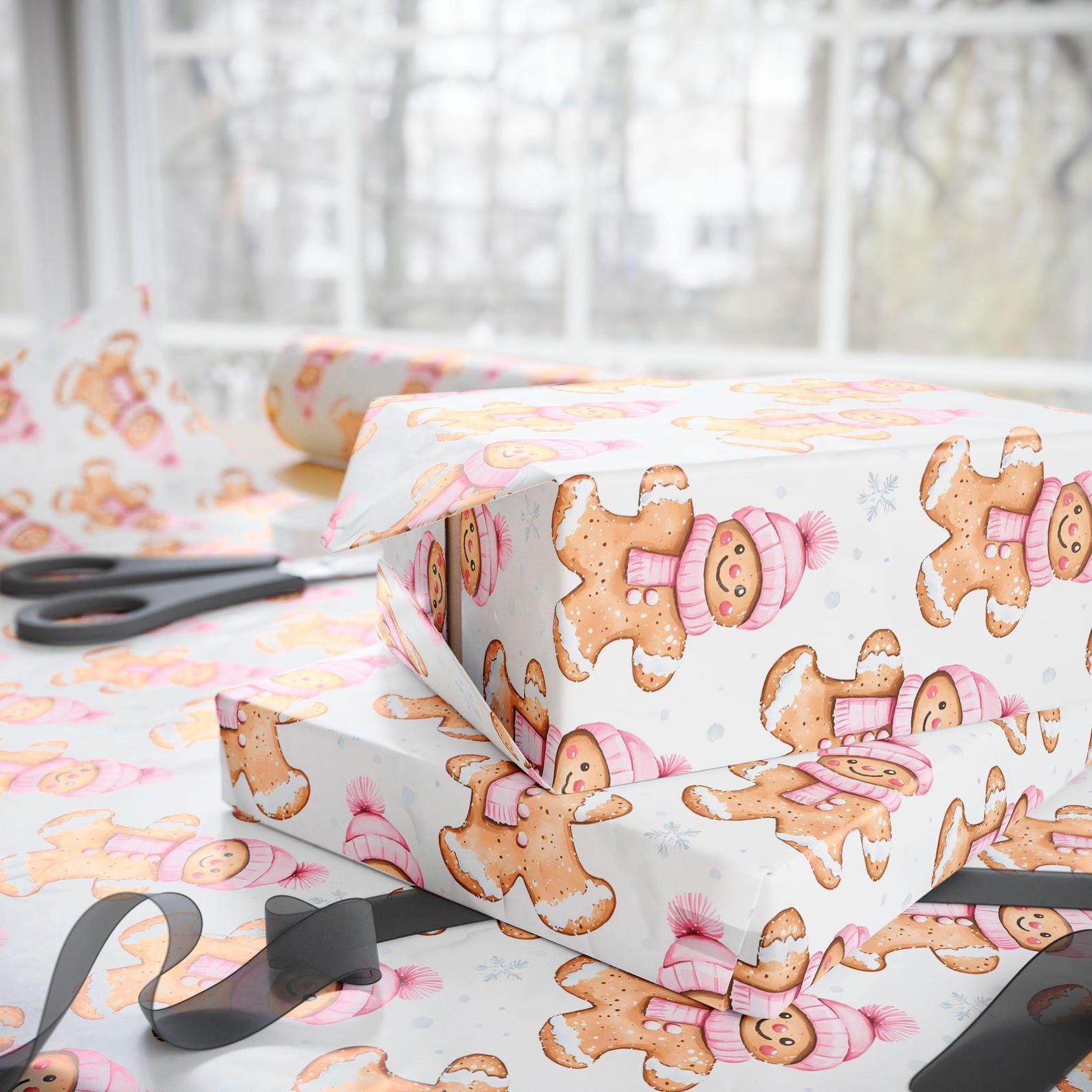 Pink Gingerbread Man Gift Wrap, Pink Christmas Wrapping Paper, Holiday ...