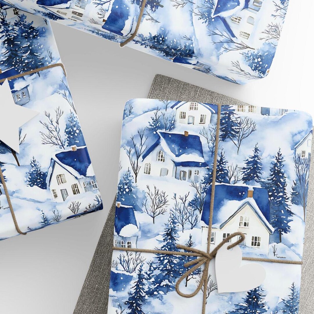 Winter Scene Gift Wrap, Blue Christmas Wrapping Paper, Vintage Holiday ...