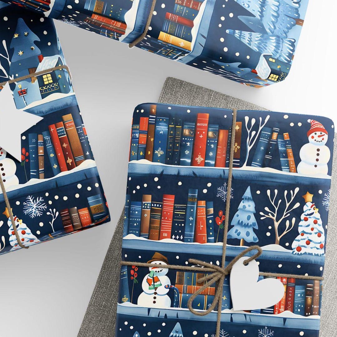 Styled Christmas Book Shelves Gift Wrap, Winter Scene Wrapping Paper ...